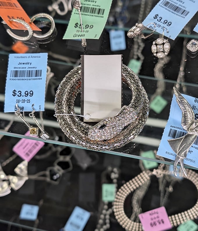 Jewelry that once adorned necks, wrists, and earlobes now waits behind glass, sparkling with possibility and surprisingly affordable glamour.