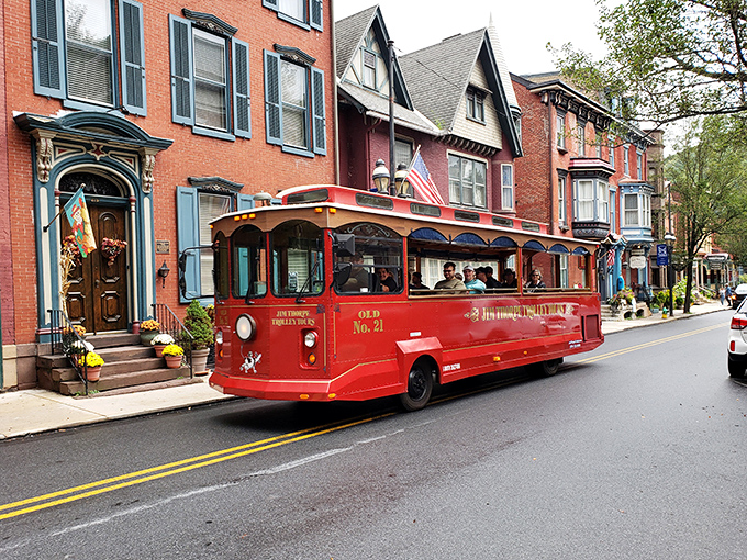 The trolley rolls through town like a time machine on wheels, offering history with a side of comfort.