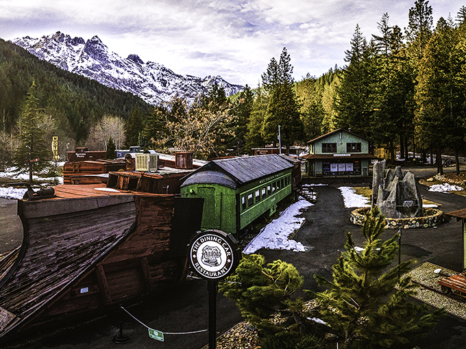 Snow-capped mountains provide a dramatic backdrop to the Railroad Park Resort's collection of vintage cabooses and dining cars. Trainspotting for grown-ups.