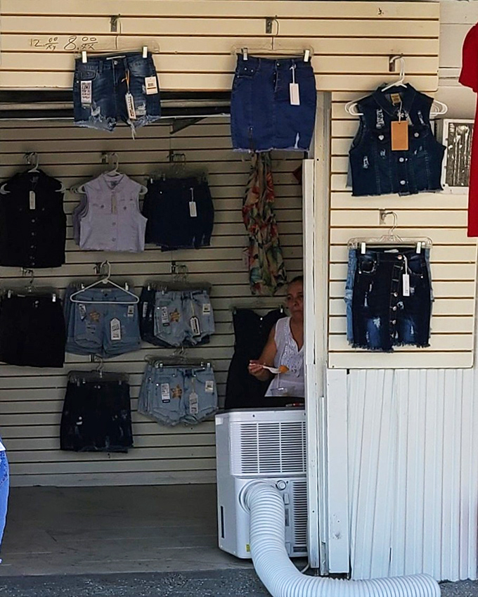 Denim displayed like modern art. These shorts and vests with tags still attached prove that fashion finds don't require emptying your wallet.