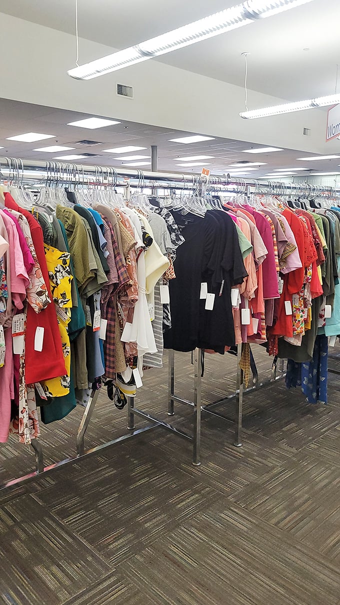 Racks of possibilities where that perfect blouse is definitely hiding, probably behind something bedazzled.