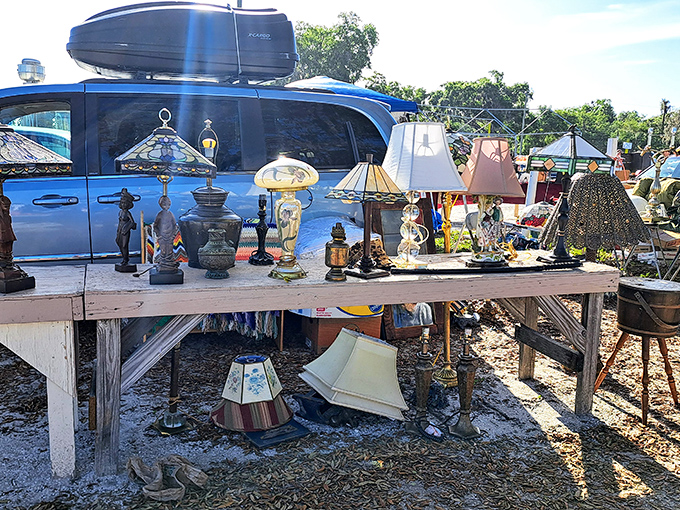 Illumination archaeology! Each lamp represents a different decade's idea of what constituted good taste in home lighting&mdash;some more questionable than others.