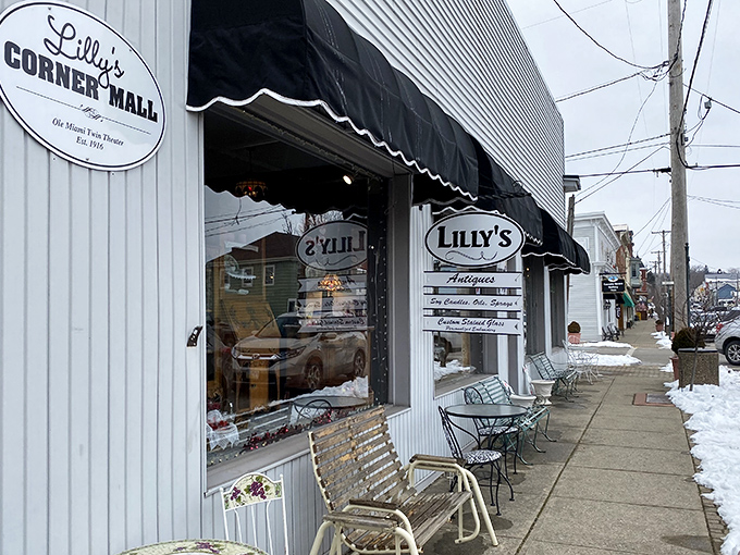 Lilly's Corner Mall proves that antique shopping in winter just means your treasures come with a side of snowflakes.