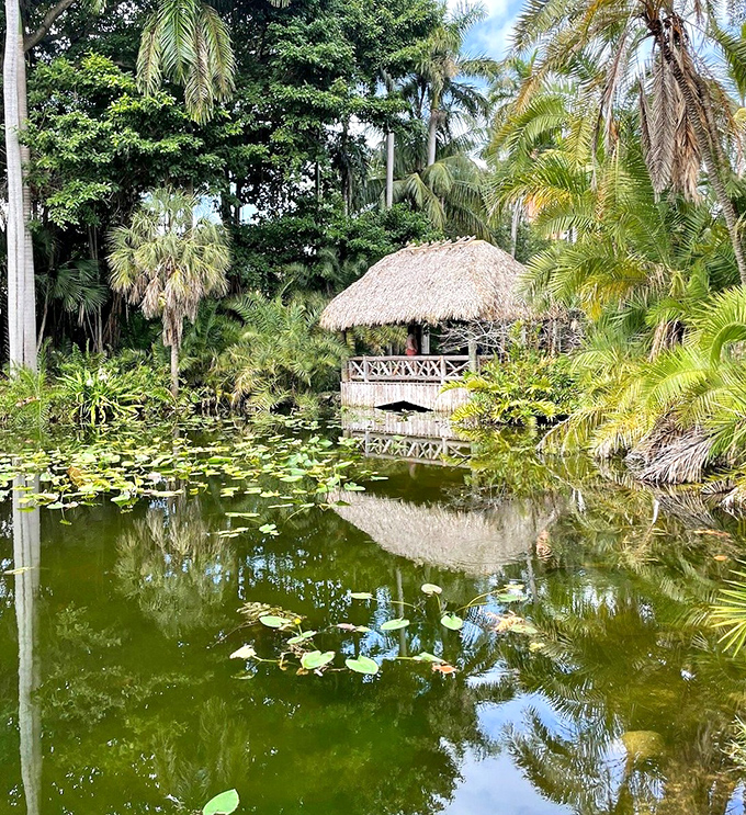 A thatched-roof gazebo hovers over lily pads like something from a tropical fairy tale&mdash;just add fireflies and a talking frog prince.