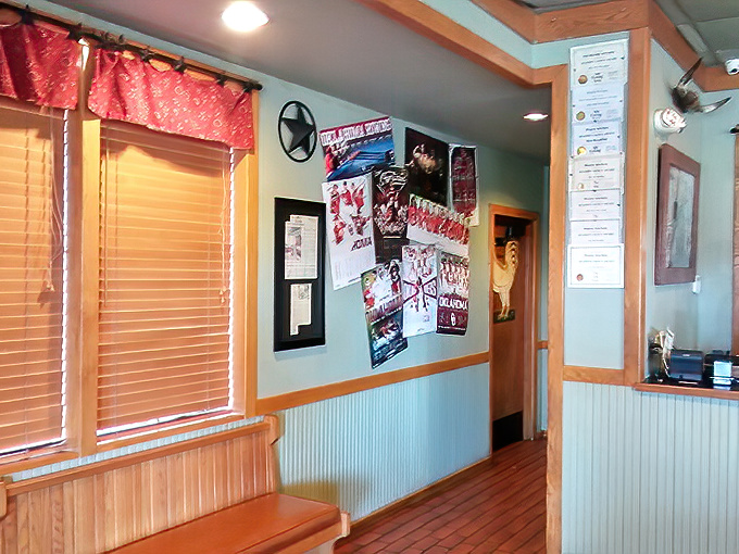 Local bulletin boards and patriotic touches remind you that community happens over pie and coffee, not social media.