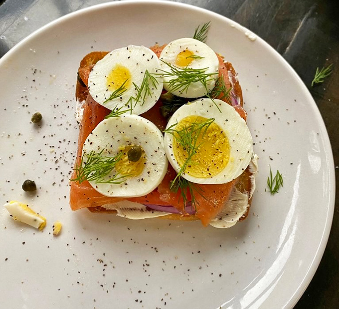 Salmon, hard-boiled eggs, and fresh dill on toast&mdash;a breakfast that makes you feel sophisticated even if you're still in yesterday's pajama pants.