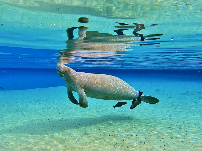 Swimming with the locals – manatees glide through the crystal waters with surprising grace for creatures built like aquatic potatoes.