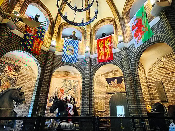 Heraldic banners and medieval tapestries hang proudly in this brick-arched hall, creating an atmosphere worthy of Game of Thrones&mdash;minus the violence.