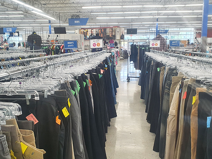 Men's pants section: organized chaos at its finest. The holy grail of thrifting&mdash;finding designer jeans that fit perfectly on the first try.