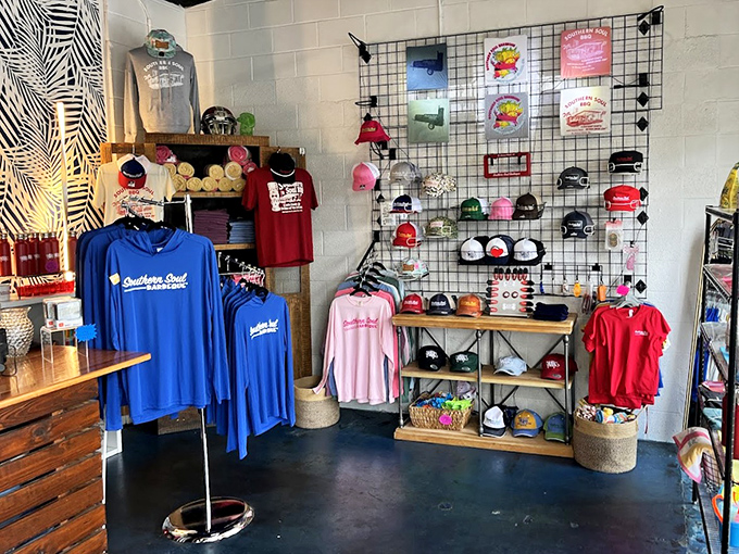Even the merchandise corner understands the assignment—spreading the gospel of good barbecue through wearable souvenirs.