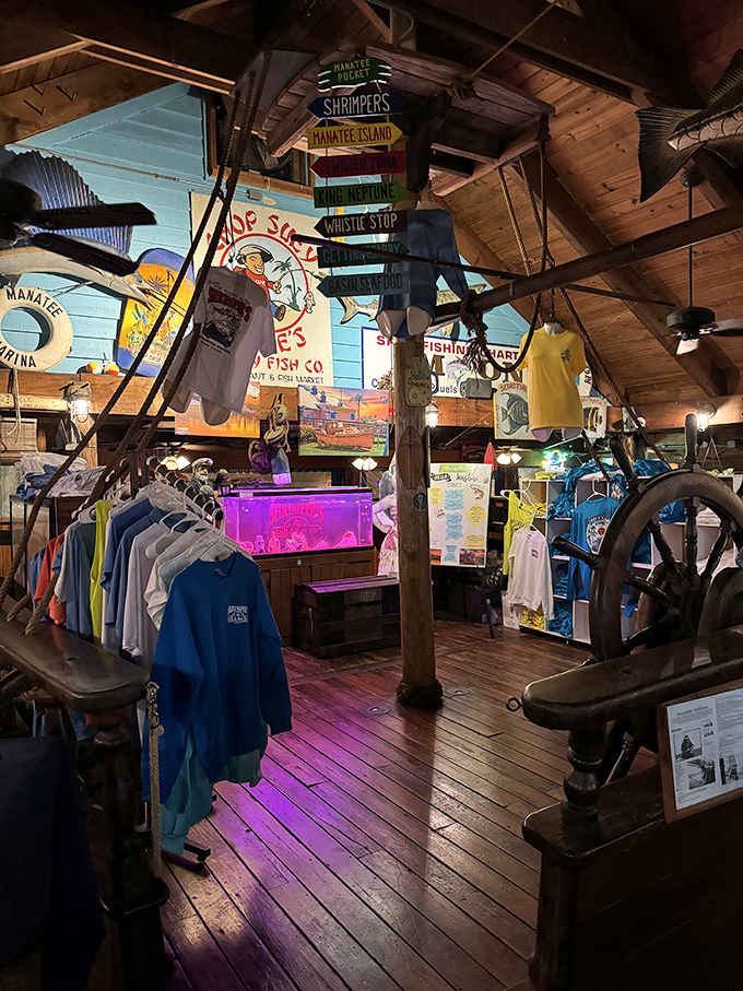 The gift shop: where T-shirts and fishing memorabilia let you take home the vibe when your stomach is too full for leftovers.