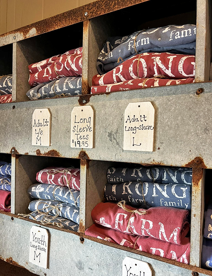 Farm-proud merchandise displayed with rustic charm&mdash;because sometimes you need a t-shirt to prove you've made the pilgrimage to dairy paradise.