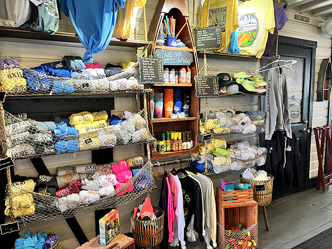 The merchandise corner – where you can take home a souvenir that doesn't involve smuggling key lime pie in your carry-on. T-shirt memories last longer anyway.
