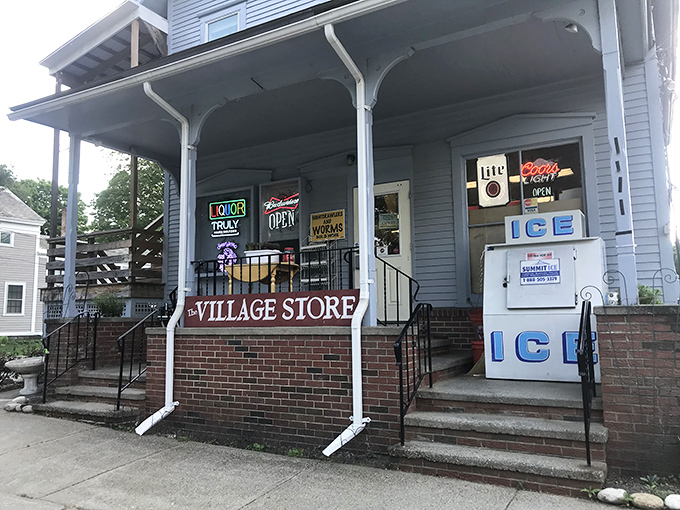 The Village Store with its ice machine outside says convenience without the big box store aggravation of parking lot demolition derby.