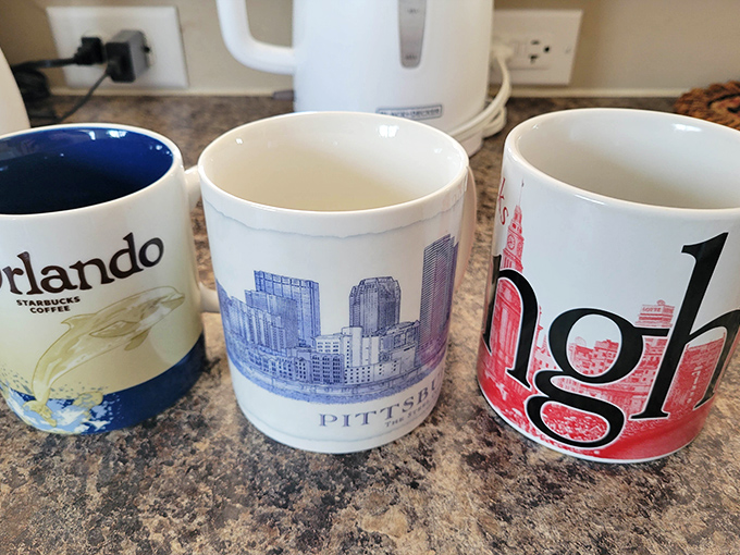 Souvenir mugs from cities you've never visited. Start your morning coffee in Pittsburgh without the plane ticket!