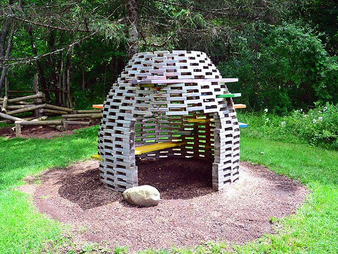 This whimsical wooden dome creates a fort-like sanctuary for imaginative play. Part sculpture, part playground, all childhood magic.