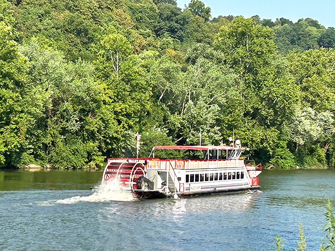 The Valley Gem Sternwheeler churns through history-rich waters, offering passengers river views that haven't changed much since Mark Twain's day.