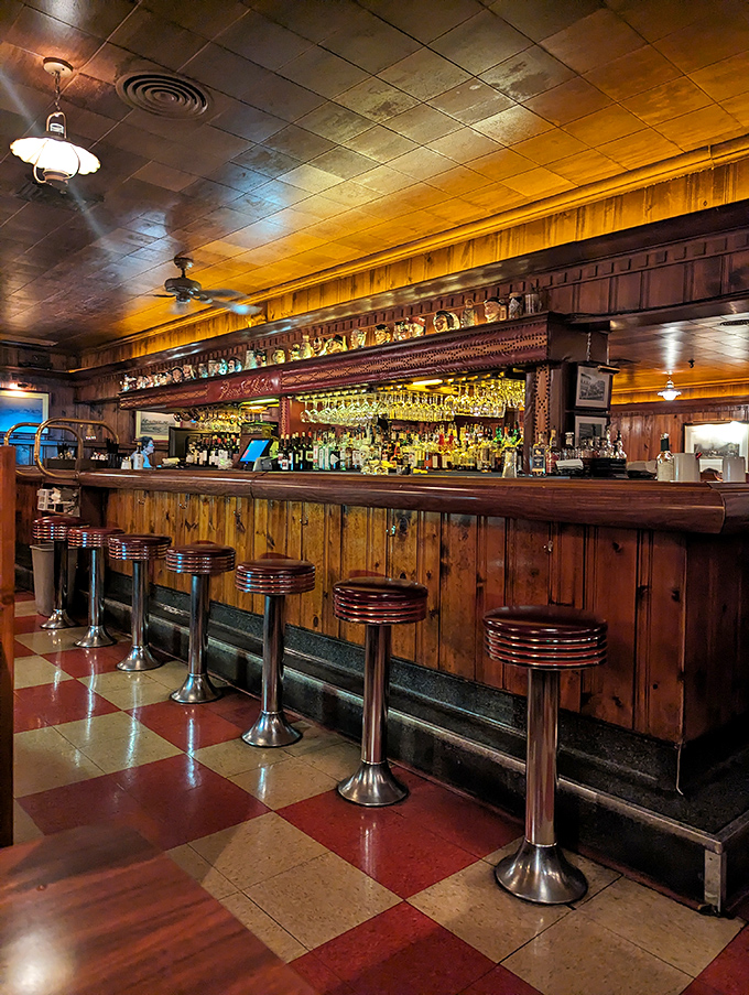 The warm wood tones and classic bar stools aren't retro &ndash; they're timeless, like the perfect Manhattan or a well-aged ribeye.