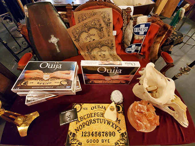 Ouija boards and animal skulls create a supernatural tableau that would make any ghost hunter or horror movie fan feel right at home.