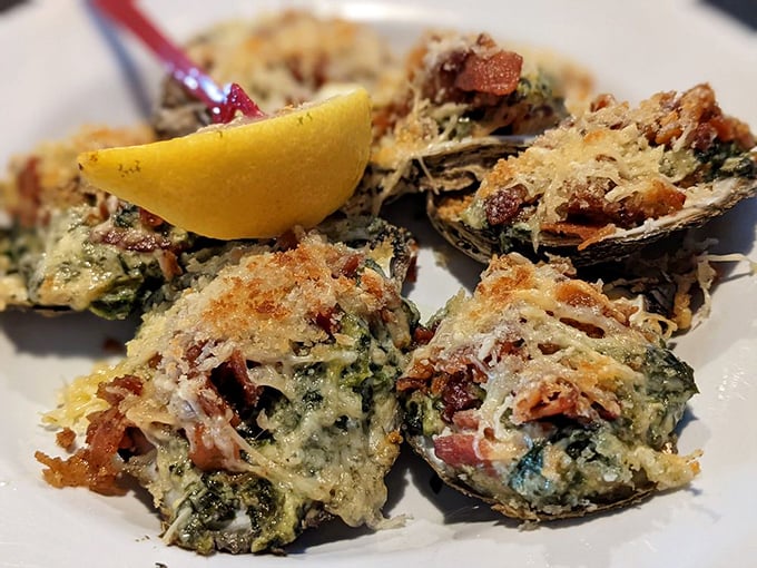 Oysters Rockefeller so decadent they make you feel like a Gilded Age tycoon, even if you're wearing flip-flops and shorts.