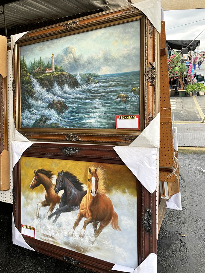 Wall art that makes decorators swoon. These framed seascapes and galloping horses are just waiting to become someone's ironic-yet-sincere statement piece.