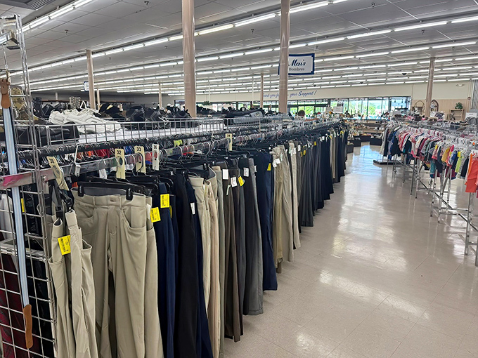 Pants paradise where every length, waist size, and era of fashion stands at attention. Bell bottoms, anyone?