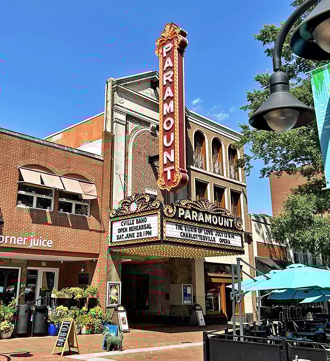 The iconic Paramount Theater's vertical sign stands as a beacon of culture on the Downtown Mall, promising everything from classic films to live performances.