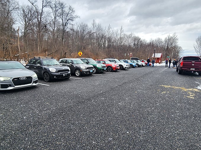Car enthusiasts gather, proving some destinations are magnetic enough to draw crowds even on a cloudy day.
