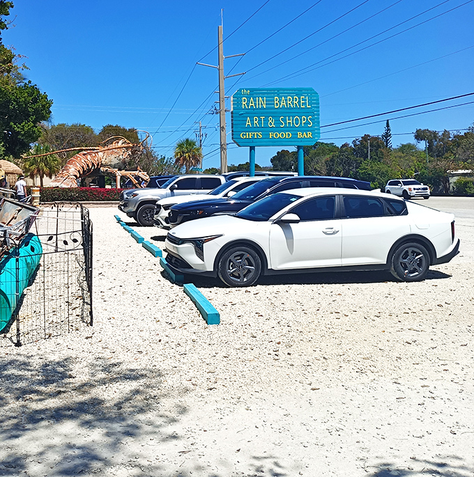 The parking lot view reveals what every Florida road-tripper hopes to find&mdash;a yellow sign promising art, food, and the unexpected.