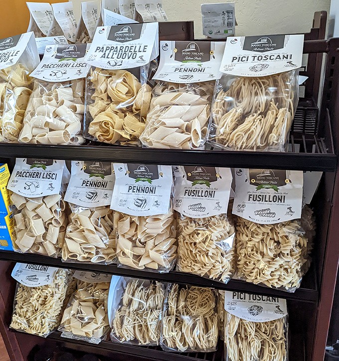 Pasta packages lined up like soldiers ready for kitchen duty. These authentic Italian noodles are what your jarred sauce has been dreaming about.