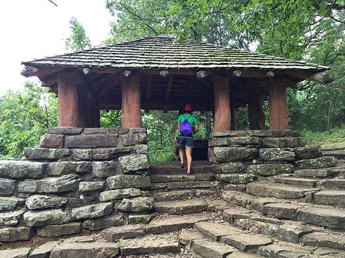 Part treehouse, part ancient temple—this stone and timber pavilion offers weary hikers a shaded respite with million-dollar views at zero cost.