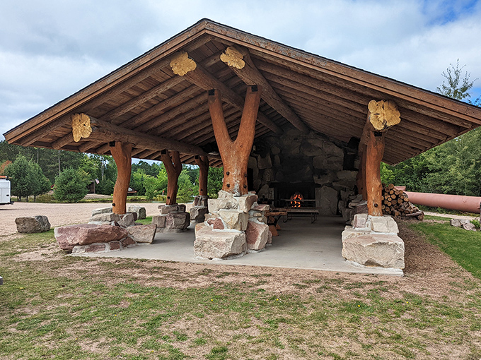 This woodland pavilion provides shelter for picnics and contemplation. Stone seats invite visitors to rest while pondering the artistic wilderness surrounding them.