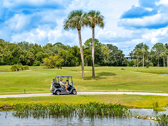 Golf carts here aren't just transportation; they're lifestyle statements. This one's saying, "I'm retired, I'm in Florida, and I'm living my best life."