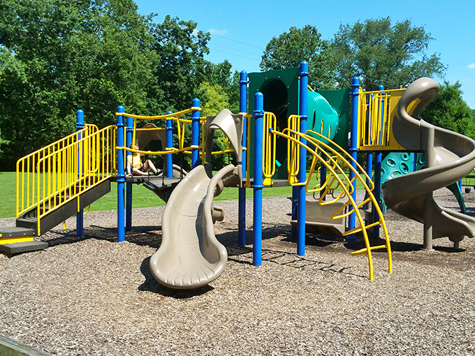 Even pioneer kids needed playtime. This modern playground sits where children once chased chickens&mdash;both equally effective at burning energy.