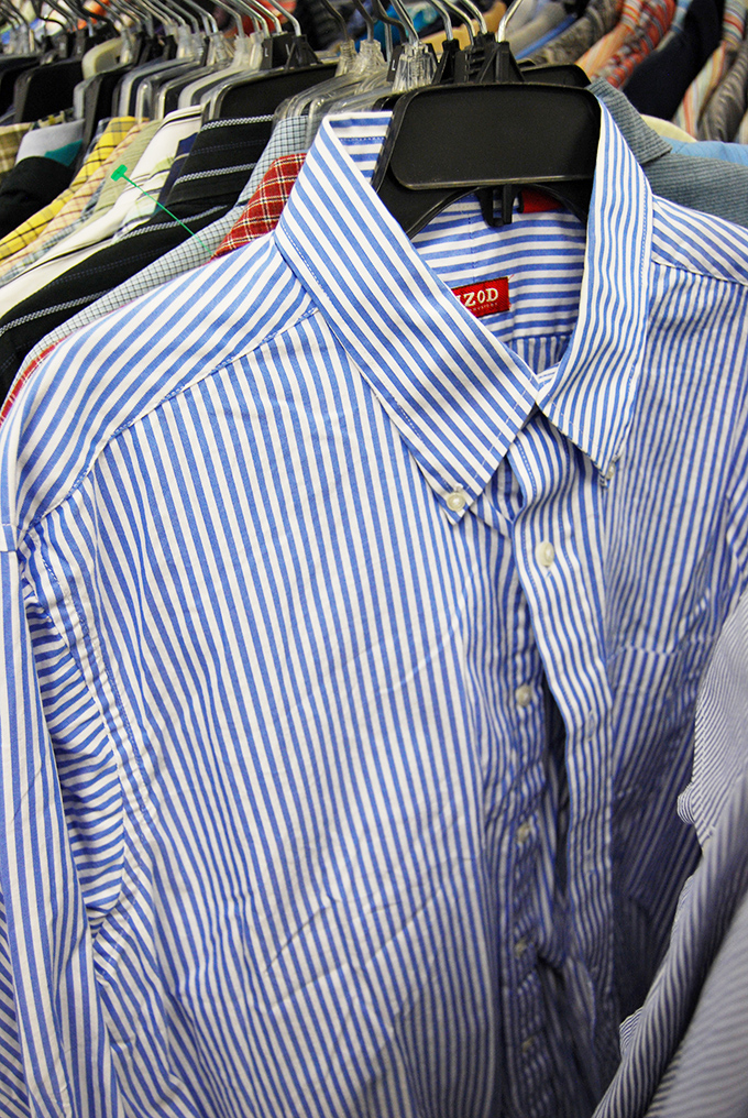 Designer shirts without designer prices&mdash;that crisp blue striped button-down looks barely worn and ready for its second act in someone's professional wardrobe.