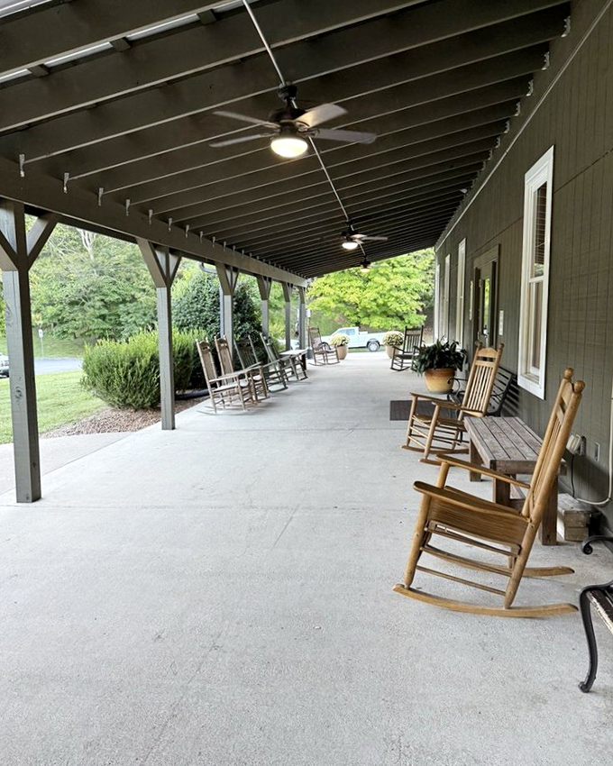 
The front porch, lined with rocking chairs, invites you to sit a spell before dinner or digest afterward while watching Tennessee life roll by. 