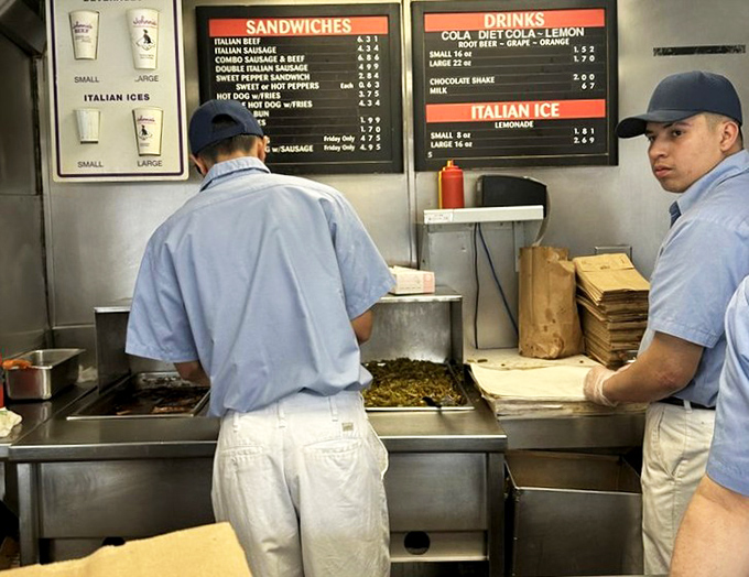 Where the magic happens&mdash;a glimpse into the preparation area reveals the choreographed efficiency that keeps the beef flowing.