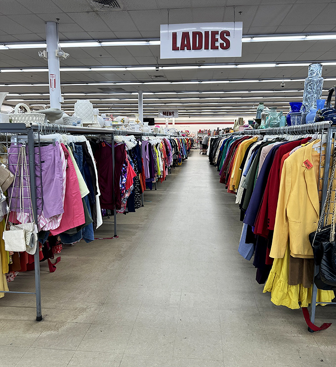 A color-coded clothing canyon stretches to the horizon. The "Ladies" sign stands as a beacon for fashionistas on a budget.