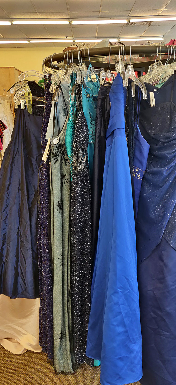 A rainbow of formal dresses waiting for their second chance to shine &ndash; each one holding the echoes of proms and weddings past.