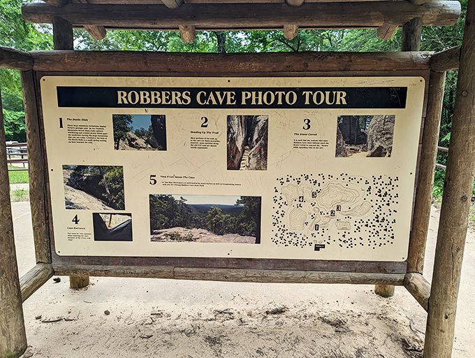 The photo tour sign&mdash;because even outlaws would appreciate good directions to the most picturesque spots in their hideout.