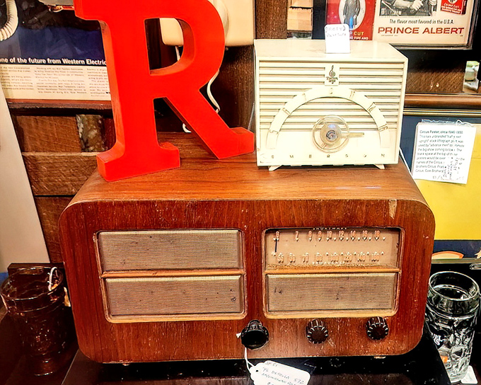 Vintage radios stand ready to broadcast big band tunes and baseball games, their wooden cases housing the ghosts of fireside chats and soap operas.