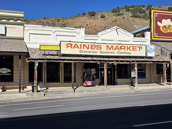 Raines Market's vintage storefront promises "Groceries, Sundries, Clothing"&mdash;the original one-stop shop before big boxes existed.