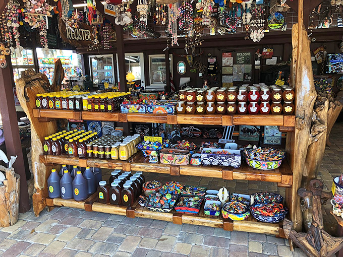 Local treasures line rustic wooden shelves, offering visitors a taste of Florida's artisanal side beyond the concrete menagerie.