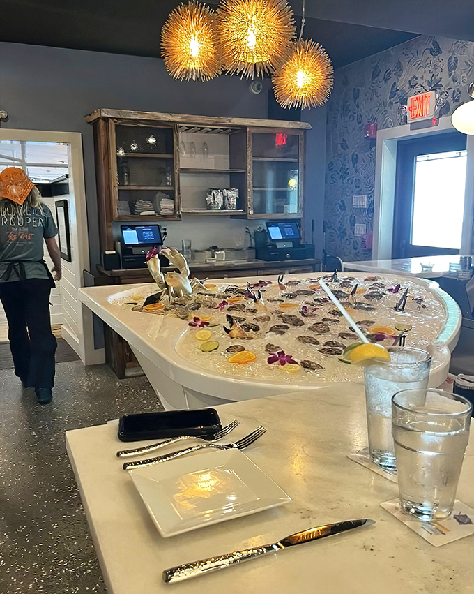 The raw bar display is a seafood lover's dream come true. Fresh oysters on ice waiting to transport you straight to ocean bliss.
