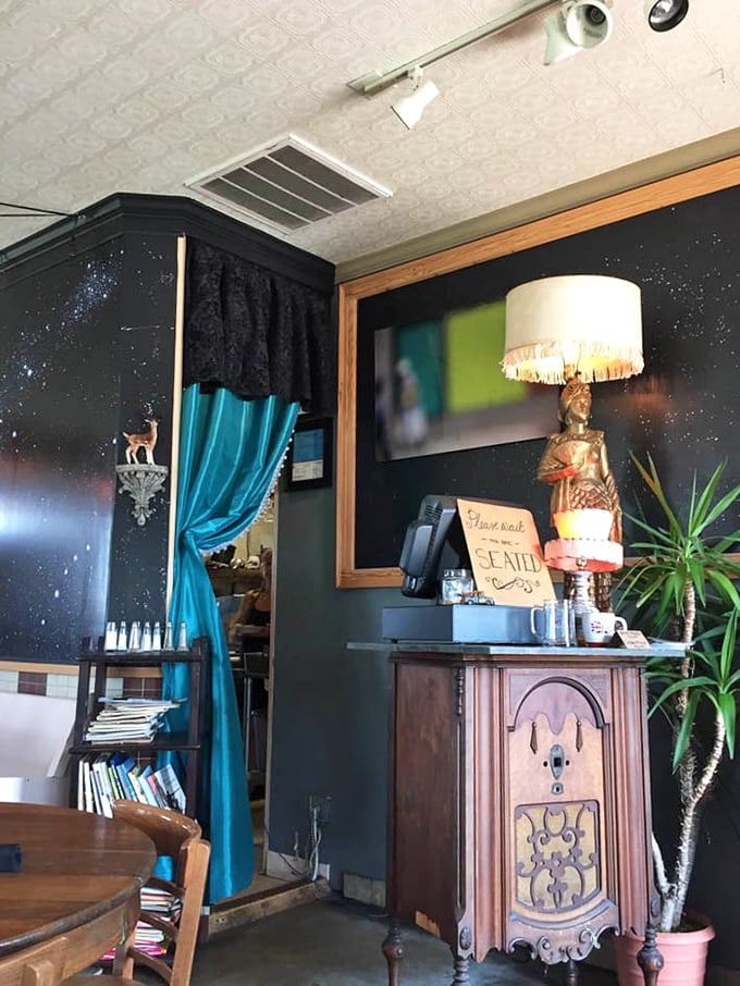 The host stand doubles as a conversation piece, with vintage charm that says, "Interesting stories are served alongside our meals."