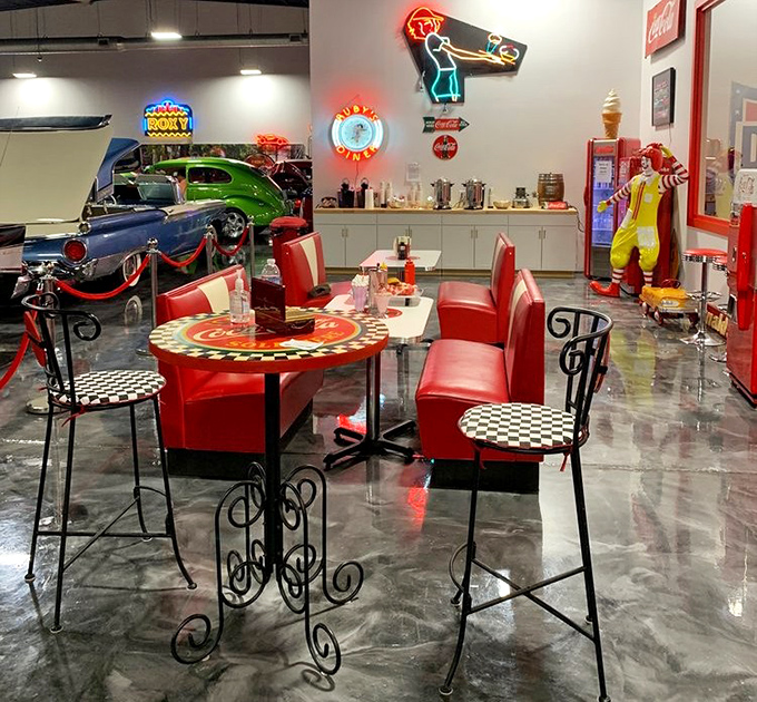 The perfect 50s-style diner setup isn't complete without classic cars nearby. Just add milkshakes, rock 'n' roll, and you're living inside "Happy Days."