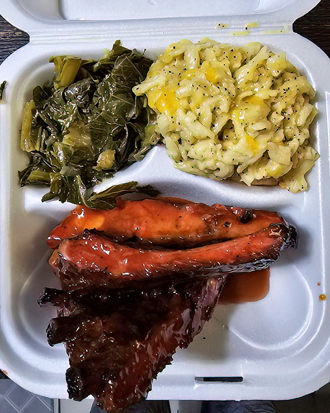 Collard greens, mac and cheese, and barbecued meat&mdash;the holy trinity of soul food satisfaction. A styrofoam cathedral of deliciousness.