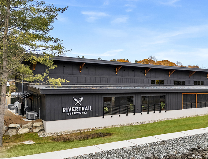 RiverTrail Beerworks: where modern craft brewing meets Adirondack aesthetics. Those wooden accents aren't decorative—they're a nod to the forest that makes the water so good.