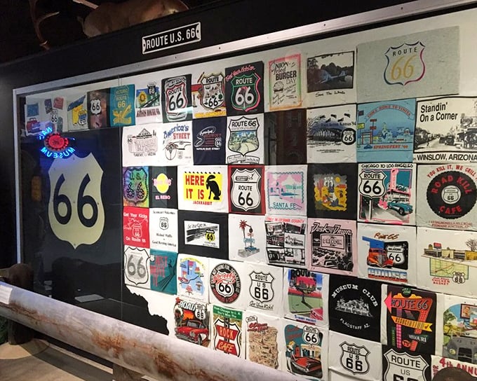 Route 66 memorabilia wall &ndash; a kaleidoscope of Americana that proves the Mother Road wasn't just pavement, but a cultural phenomenon.