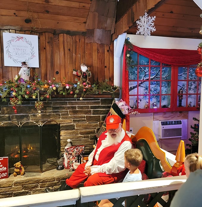 Meeting Santa beside a stone fireplace in August feels wonderfully wrong in exactly the right way possible.